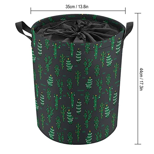 Christmas Cactus Laundry Basket Round Collapsible Storage Bin with Drawstring and Handle for Bedroom Bathroom Toys Room 17.3" X 13.8"