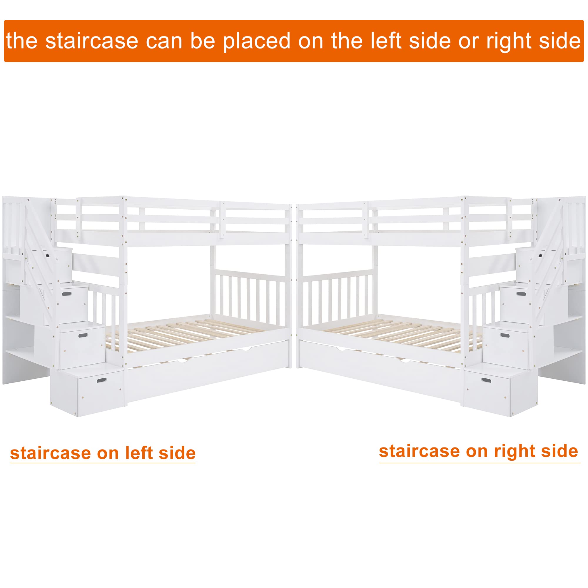 Harper & Bright Designs Stairway Twin Over Twin/Full Bunk Bed with Twin Size Trundle and Drawers, Solid Wood Bunk Bed Staircase Can be Placed on The Left or Right Side (White)