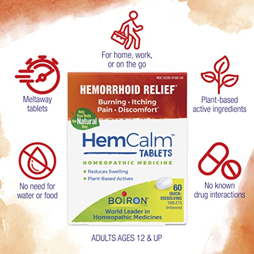Boiron Hemcalm hemorrhoid Relief Tablets for Itchy Burning Pain, Swelling and discomfort, White, 60 Count