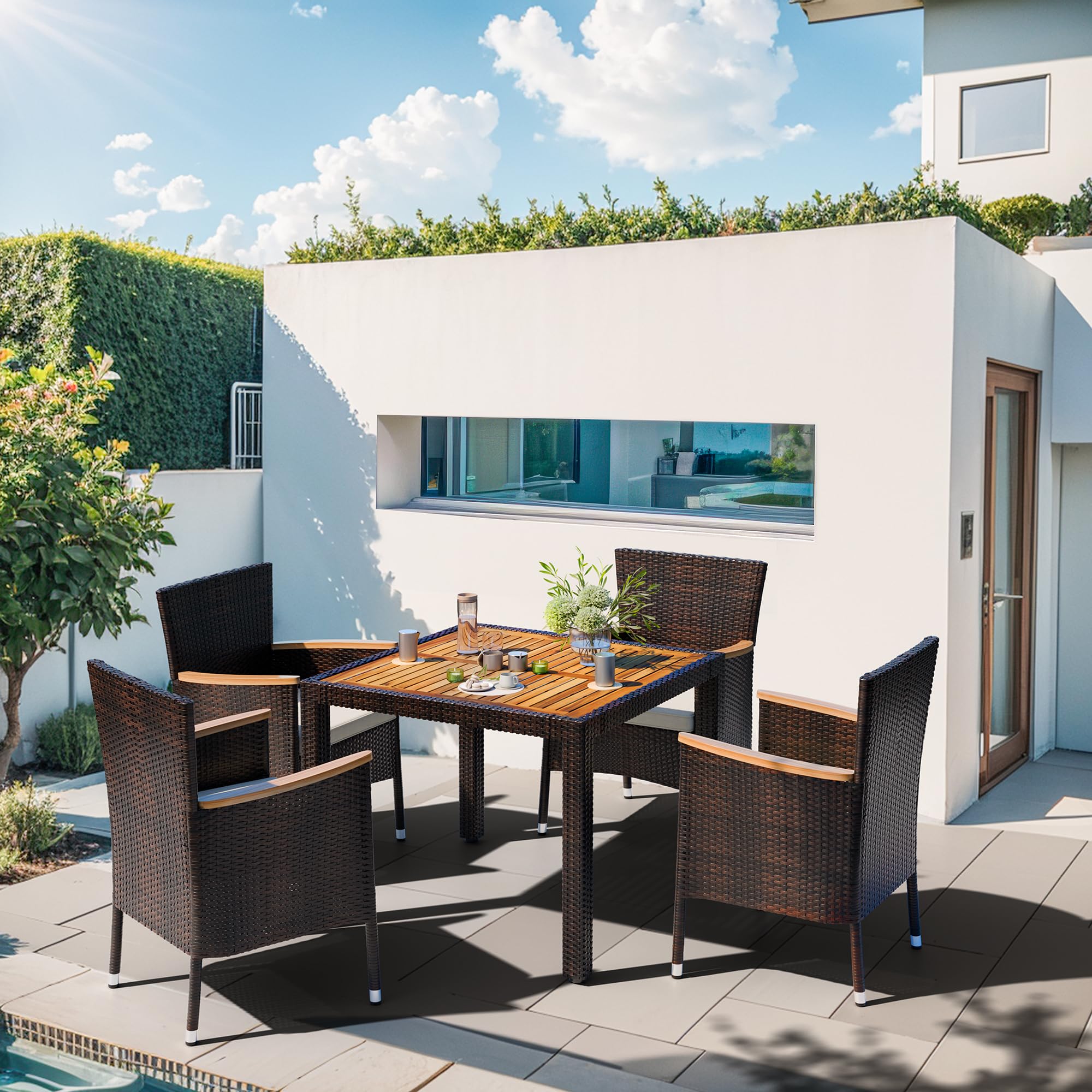 Shintenchi 5 Piece Patio Dining Set, Wicker Patio Conversation Set with Wood Table Top, Outdoor Table and Chairs with Soft Cushions for Backyard, Deck and Garden, Brown Rattan