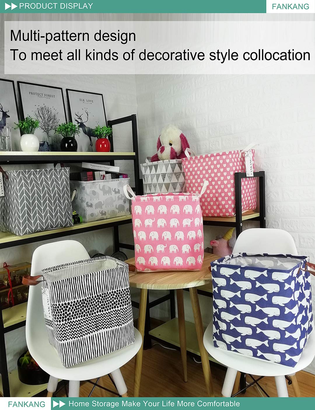 FANKANG Square Nursery Hamper Storage Bins Canvas Laundry Basket Foldable with Waterproof PE Coating Storage Baskets Gift Baskets for Children, Office, Bedroom, Clothes(Square-Black Lines )