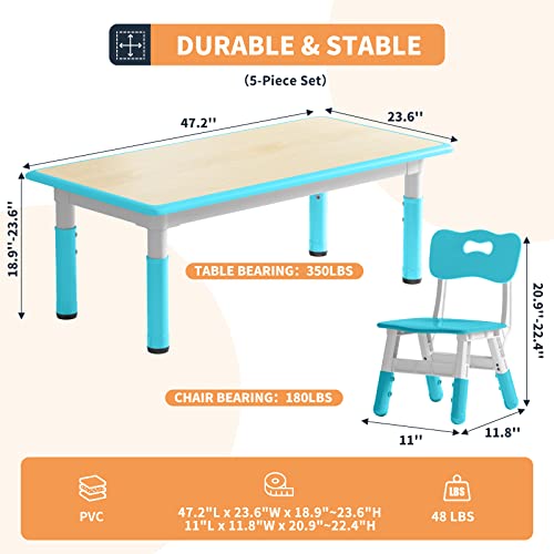 wanan Kids Table and 4 Chairs Set, Multi Levels Height Adjustable Toddler Table and Chairs Set for Daycare, Classroom, Home, Playroom, Easy to Clean Arts & Crafts Table for Ages 2-10 (Light Blue)