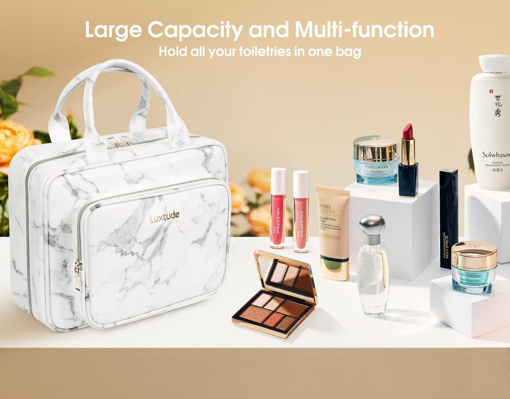 Luxtude Large Hanging Toiletry Bag for Women, Travel Toiletry Bag with Hanging Hook, Waterproof Cosmetic Makeup Organizer for Bathroom Shower Accessories etc.