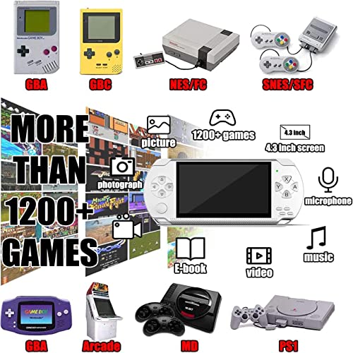 KToyoung Handheld Game Console, Built-in 1200 Games 4.3ββ HD Screen Retro Gaming System, Support TV Output, Portable Rechargeable Game Console with Dual Joystick, Best Gift for Kids and Adult (White)
