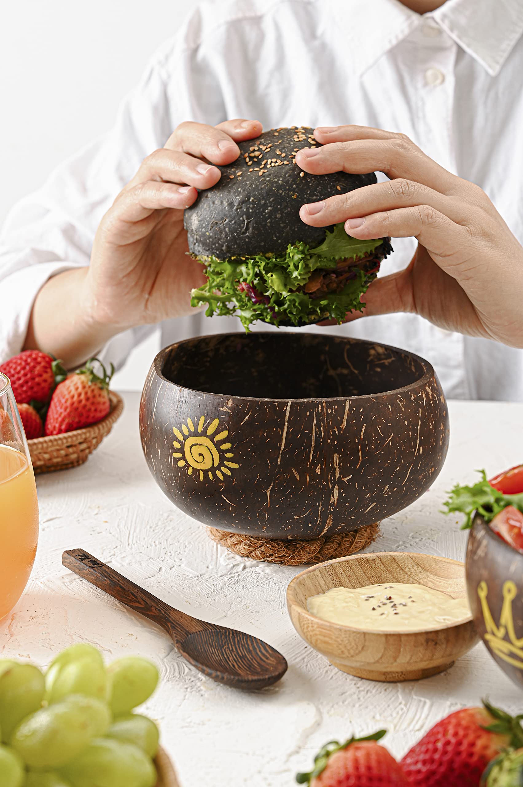 CocoNat Hand-painted Coconut Bowls with Spoon Set and No-Wobble Holders for serving Smoothies, 100% Natural - Durable - Eco Friendly, Handmade Organic Coconut Shells (Mermaid)