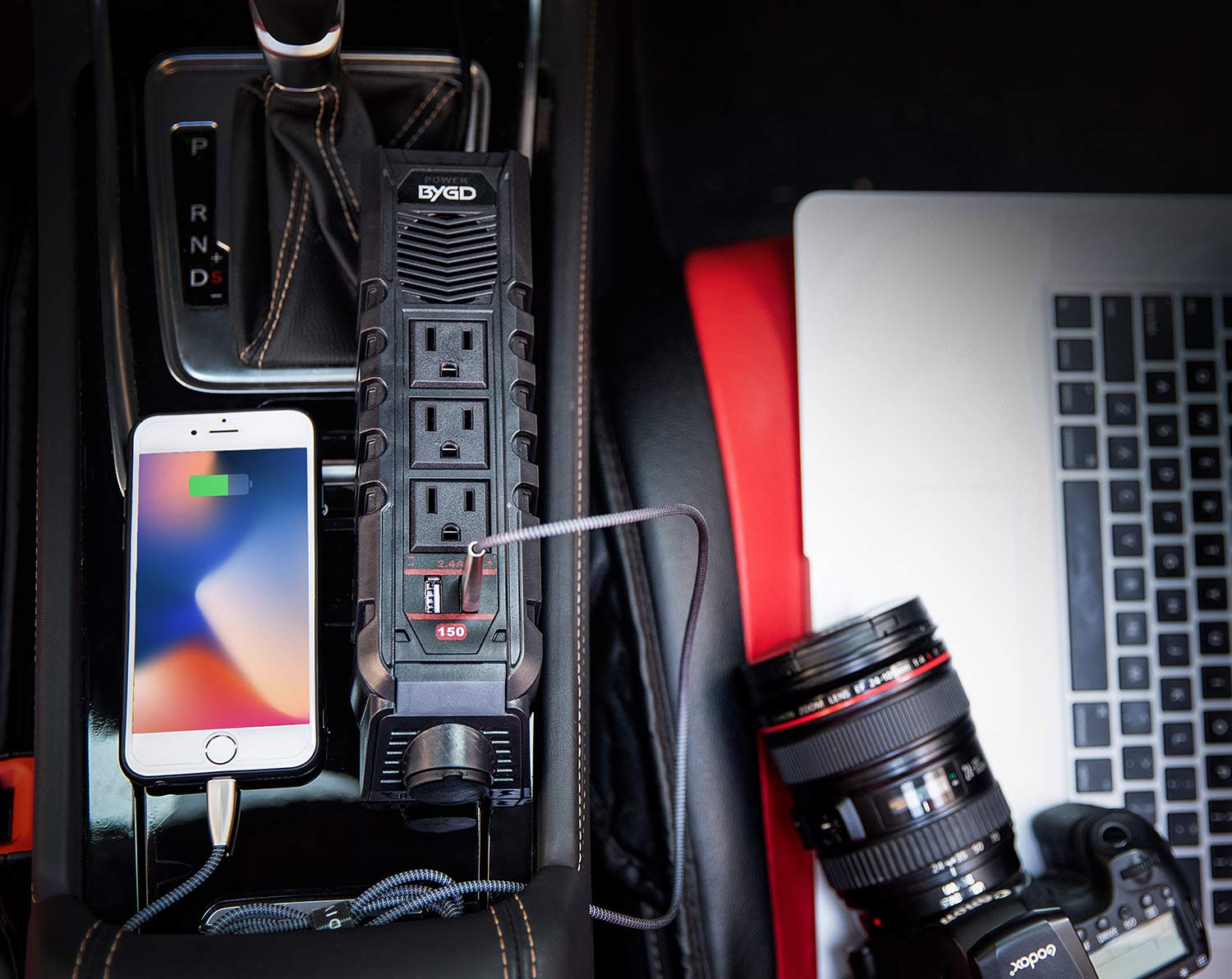 BYGD 150W Car Power Inverter for Vehicles, DC 12V to 110V AC Car Plug Adapter Outlet Converter with 1 Cigarette Lighter Socket, 3 AC Outlets, Dual 4.8A Fast Charging USB Ports for Digital Devices