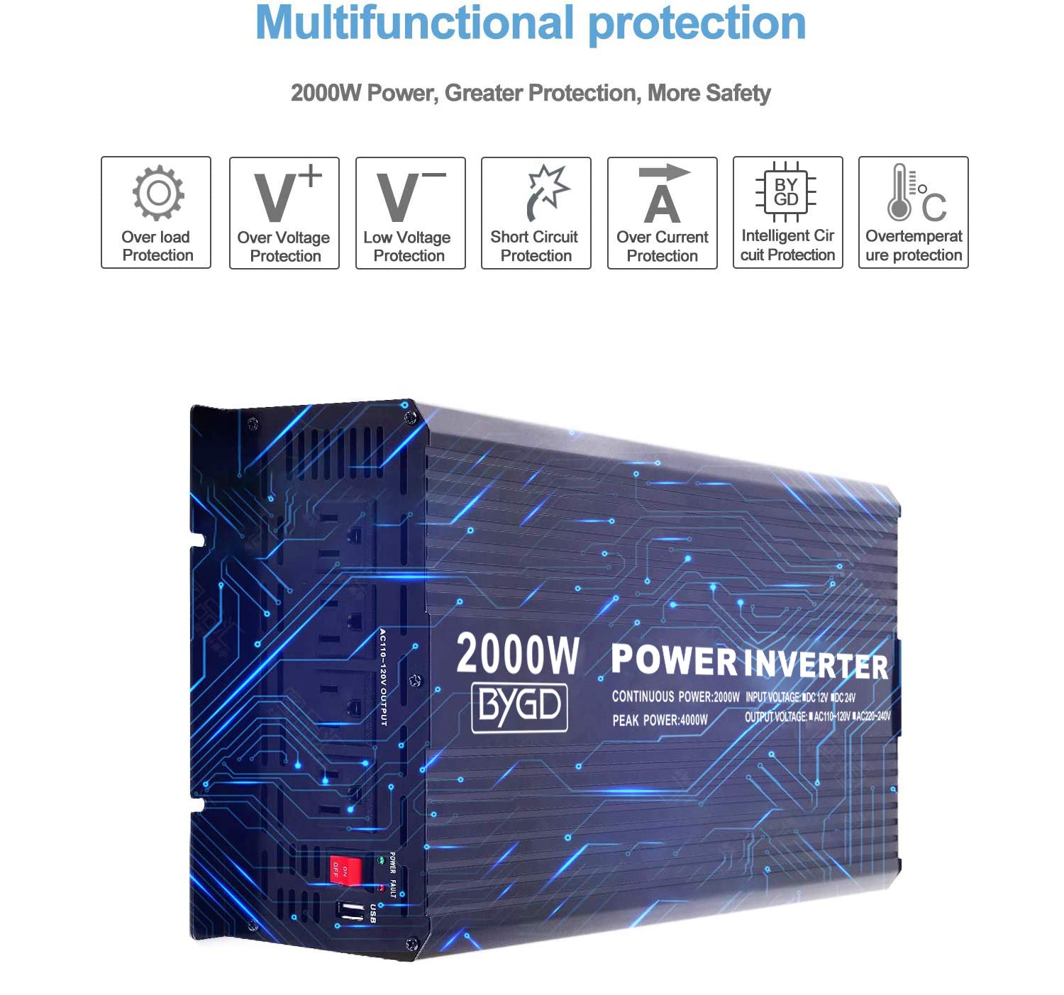 BYGD 2000W/4000W(Peak) Power Inverter 12V DC to 110V AC Converter with 4 AC Outlets Dual 2.1A USB Ports for Home, RV, Boat, Truck, Off-Grid Solar System