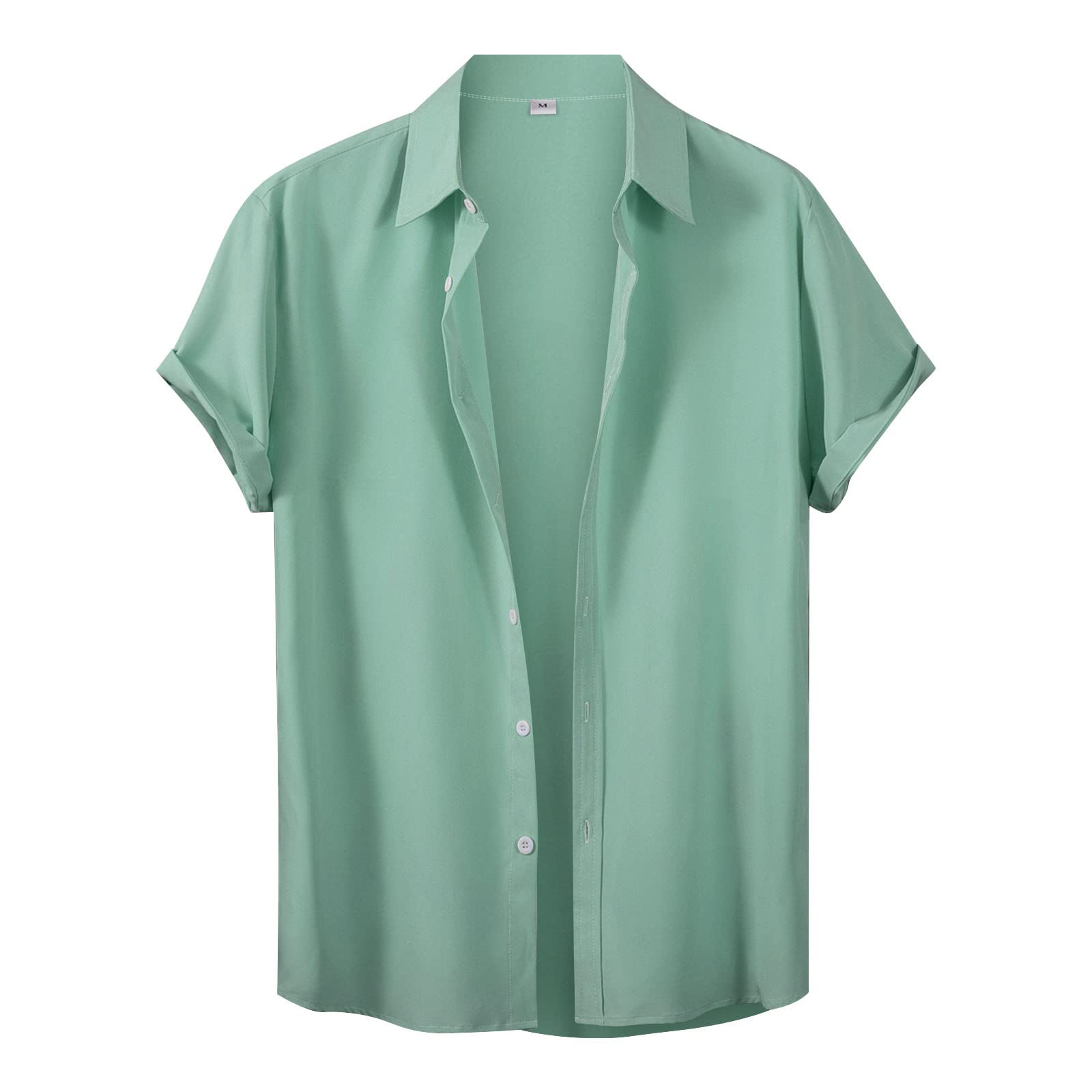 Casual Men's Loose Lapel Short Sleeve Cuff Button Solid Color Shirt Beach Hawaiian Summer Top Mint Green