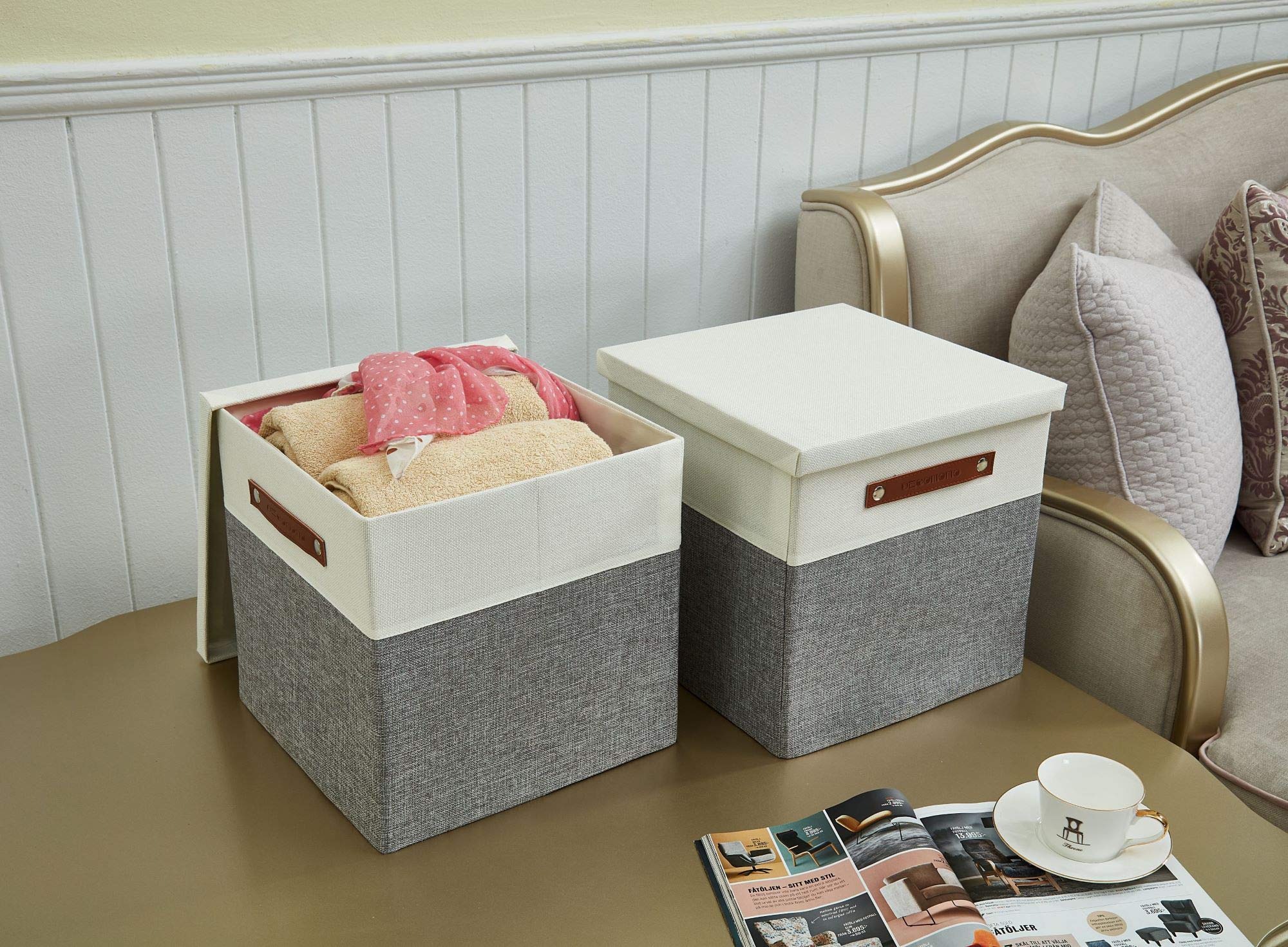 DECOMOMO Storage Cubes with Lid [3-Pack] Large Storage Box, Stackable Storage Bin With Dual Handles for Organizing Toys Books Shelves Office Nursery (Grey and White, 11 x 11 x 11 inch)