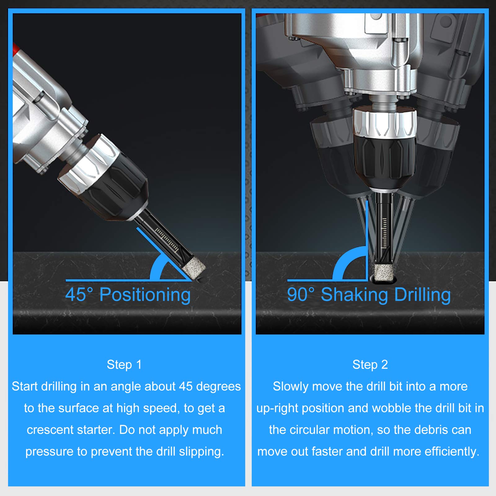 Dry Diamond Drill Bits Set 5 PCs for Granite Ceramic Marble Tile Stone Glass Hard Materials (not for Wood), Round Shank 1/4, 5/16, 3/8, 1/2 inch with Storage Case