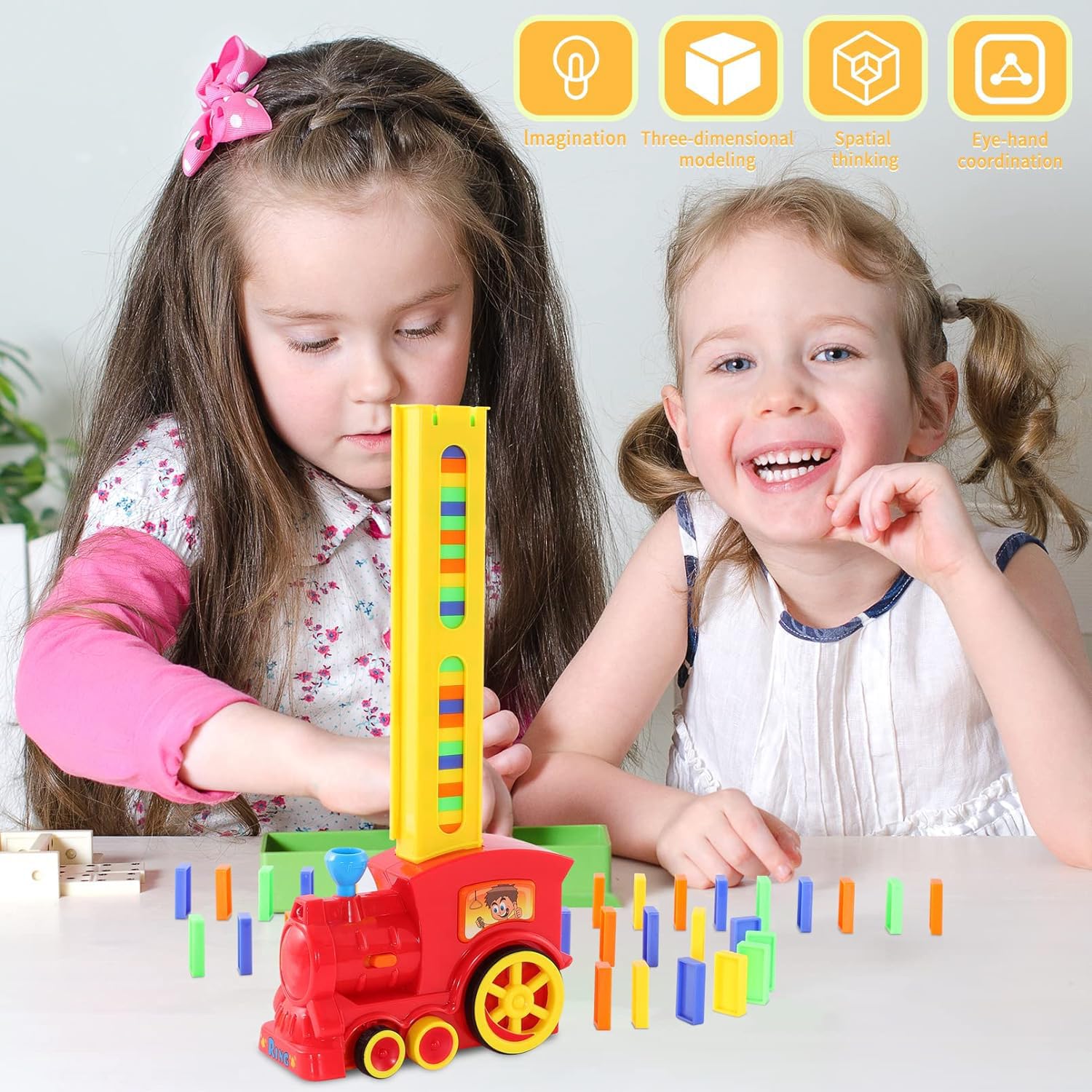 COCPOK Domino Train Set - 160 Pcs,Automatic Domino Train Toy with Lights & Sounds,Kids Domino Blocks Building Stacking Toy,Automatic Domino Laying Train Toy Set