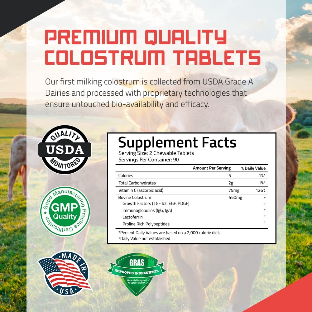Bovine Colostrum Chewable Tablets - TBR Labs - with Immunoglobulins and Lactoferrin - for Immune & Gut Health, USA Sourced, 100% First Milking - Strawberries & Cream - 180 Tablets (90 Servings)
