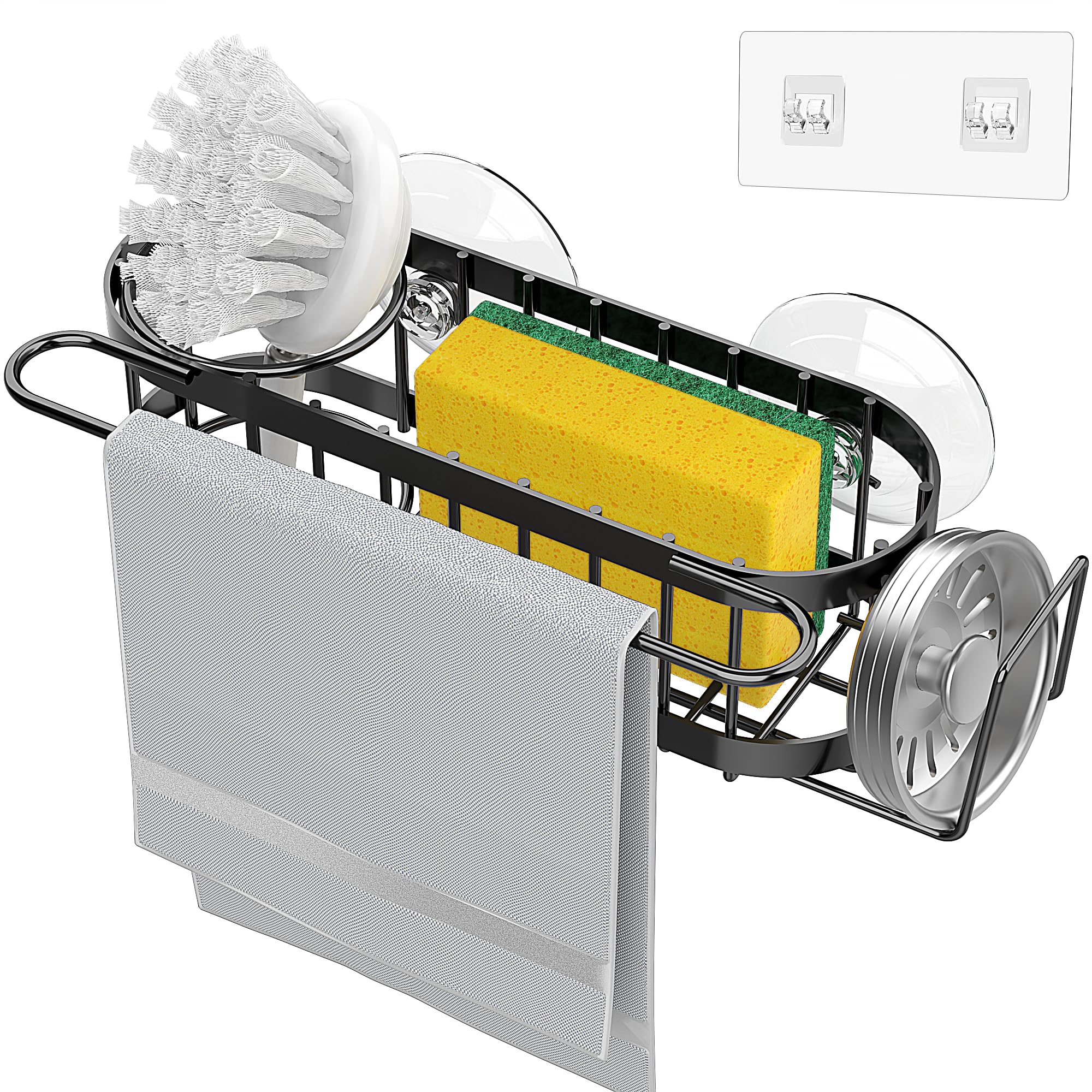 Cisily Kitchen Sink Caddy Sponge Holder in The Sink, Stainless Steel Kitchen Sink Organizer, Brush Holder, Dish Cloth Hanger, Sink Stopper Holder with 2 Installation Ways (Suction & Adhesives