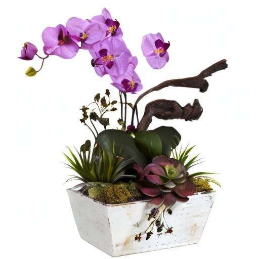 Nearly Natural 1458-OR Orchid & Succulent Garden with White Wash Planter