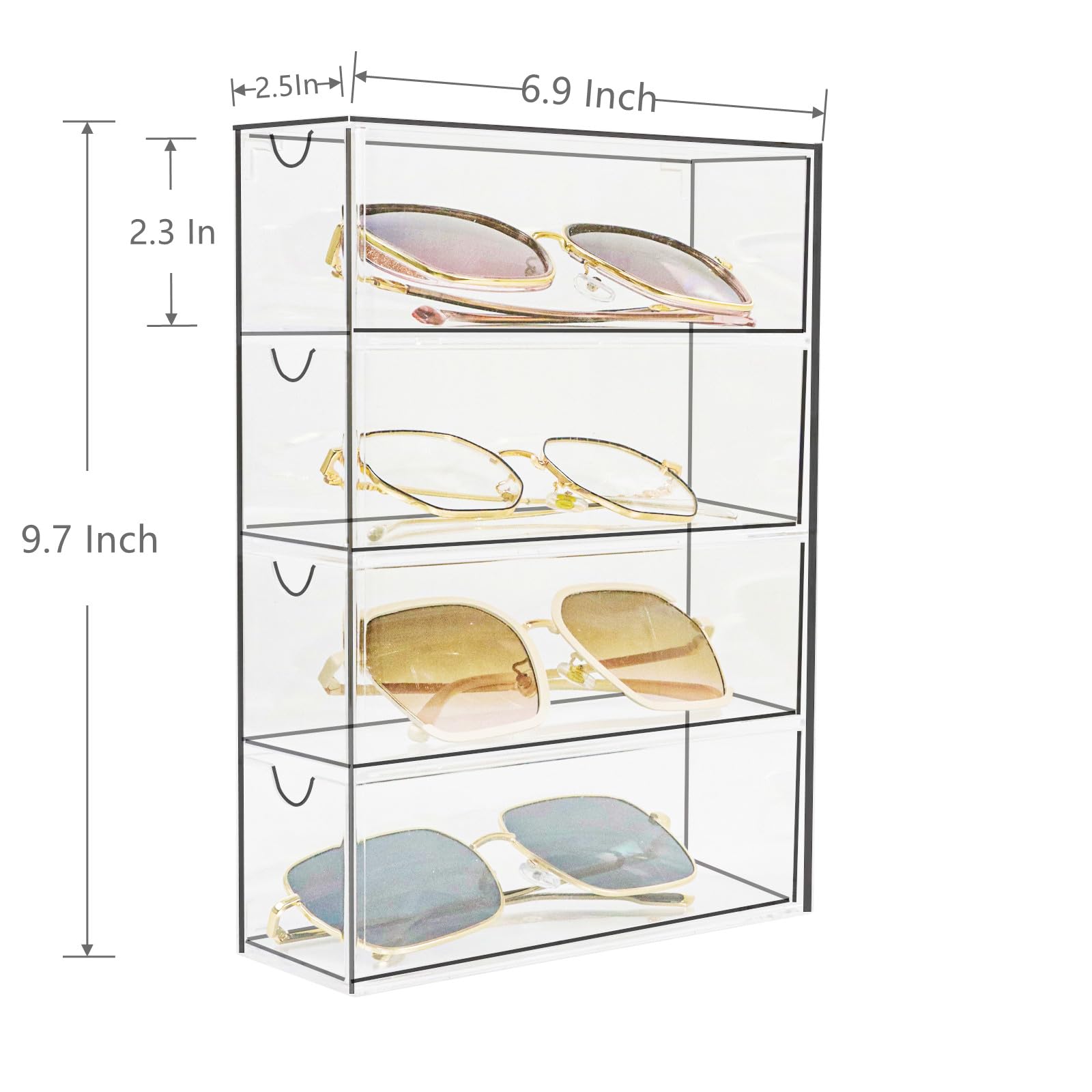 Fordonral Clear Plastic Sunglass Organizer, Transparent Glasses Holder 4 Storage Drawers, Sunglass Case Glasses Display Stand, Acrylic Organizers for Organizing Eyeglass, Hair Ties, Accessories