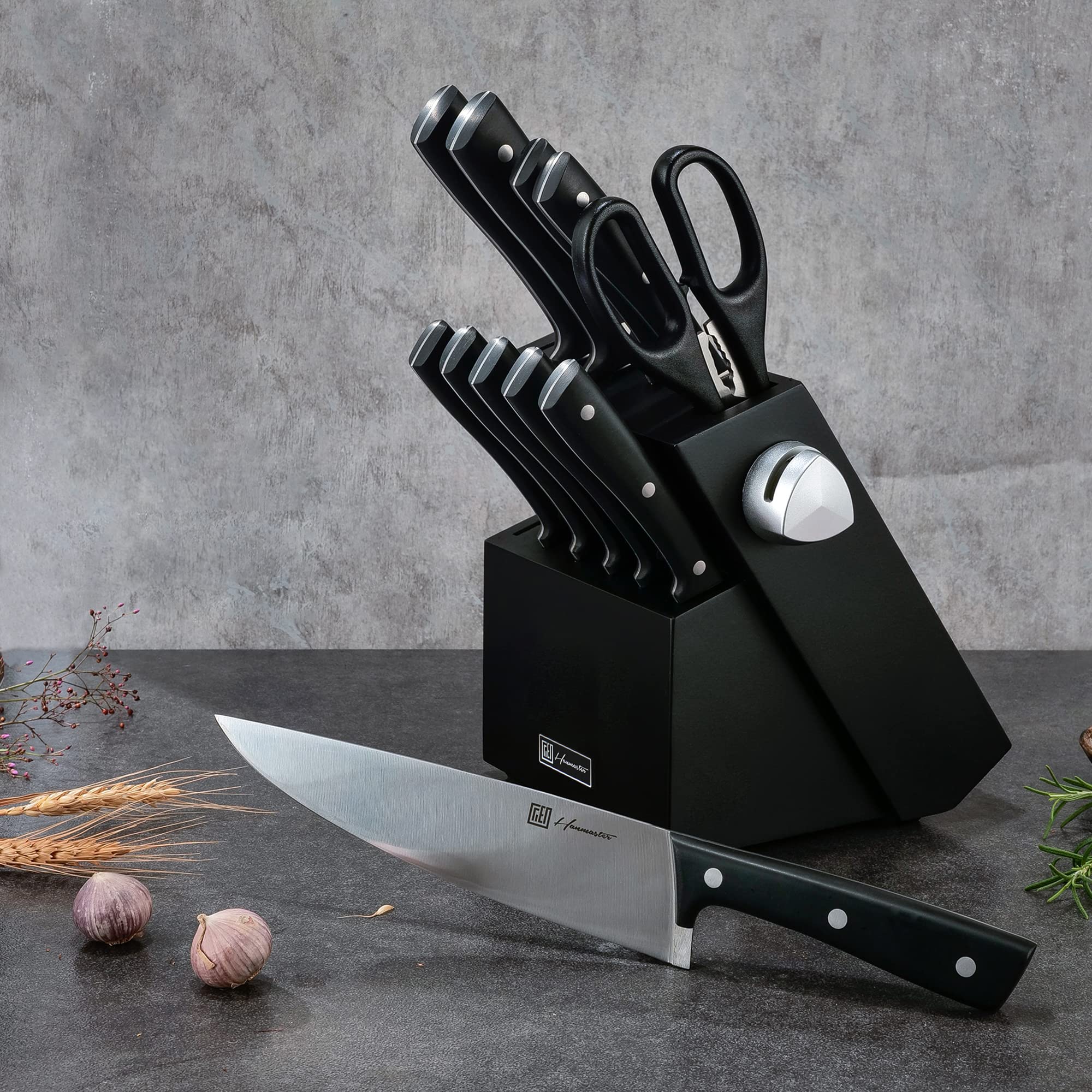 Hanmaster Knife Set, 13 Pieces Stainless Steel Knife Sets for Kitchen with Block, Kitchen Scissors, Sharp Kitchen Knife for Home and Restaurants, Box Packed,Elegant Black.