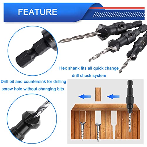 Countersink Drill Bits Set - 1/4 Inch Hex Shank Tapered Drill Bits, Quick Change Wood Woodworking Counter Sinker Drill Bit with Hex Wrench Screw Pilot Hole Drilling Tools for Wood Plastic,4Pcs