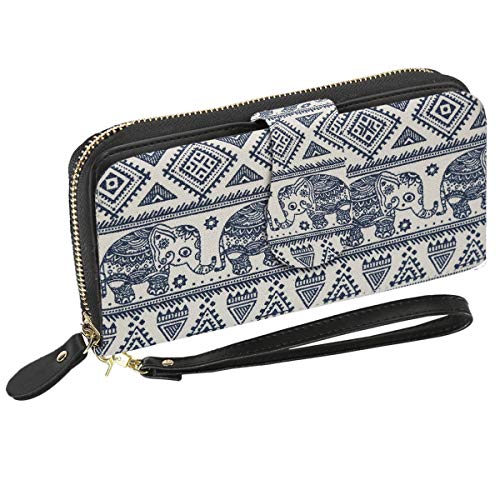 LATH.PIN Bohemian Purse Wallet Canvas Elephant Pattern Handbag with Coin Pocket and Strap (White, Large)