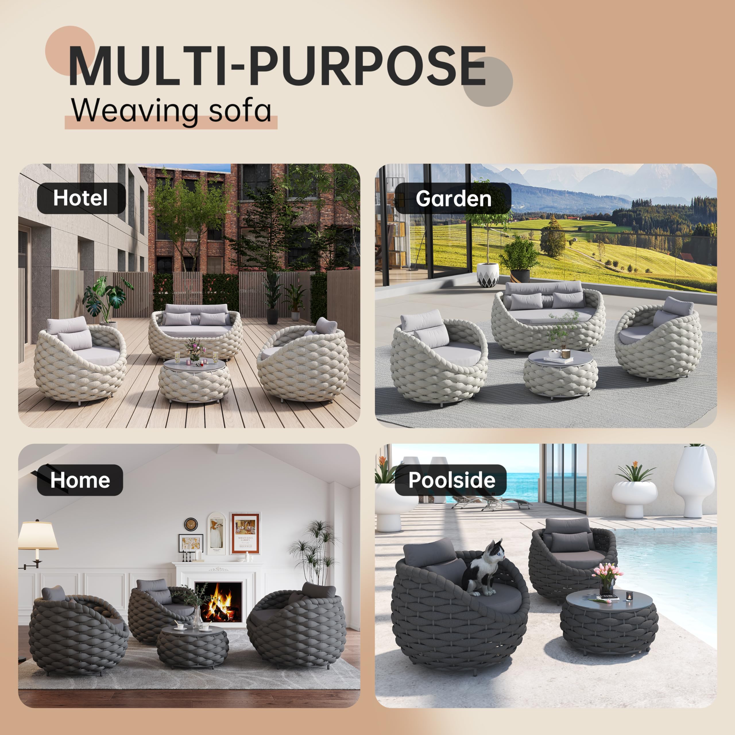 ercimi 4 Pieces Set Aluminum Outdoor&Indoor Sofa, Modern Patio Furniture Set Conversation Set with Soft Cushion and Coffee Table for Balcony Garden,Black