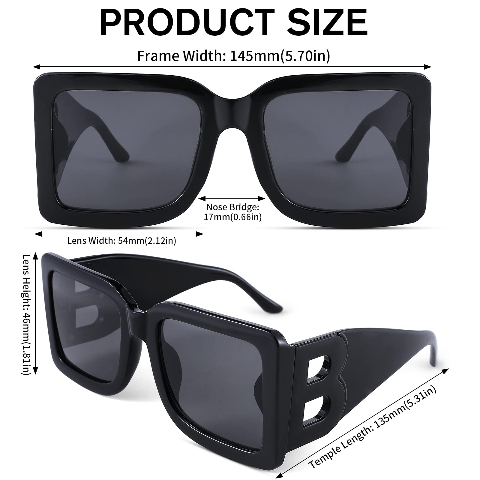 Bouryo Fashion Big Square Sunglasses for Women Men Trendy Black Thick Frame Luxury Designer Oversized Sun Glasses