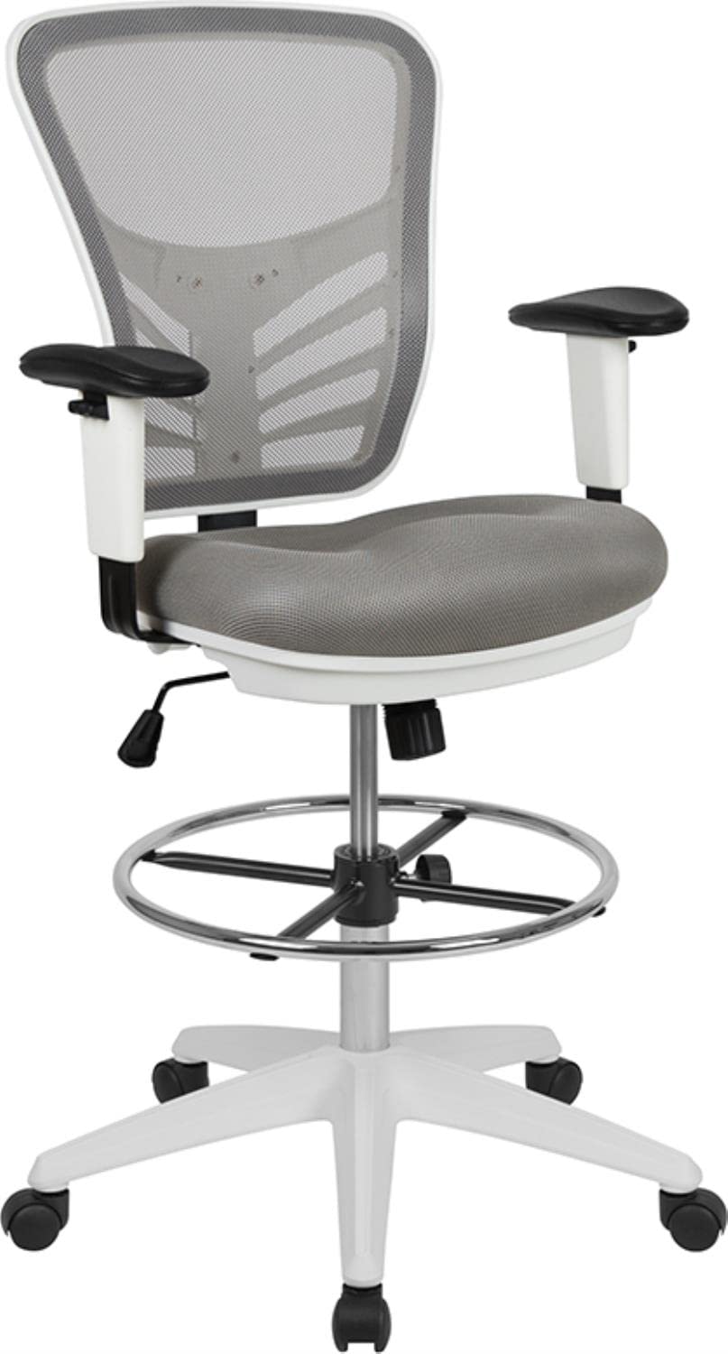 Flash Furniture Tyler Mid-Back Light Gray Mesh Ergonomic Drafting Chair with Adjustable Chrome Foot Ring, Adjustable Arms and White Frame
