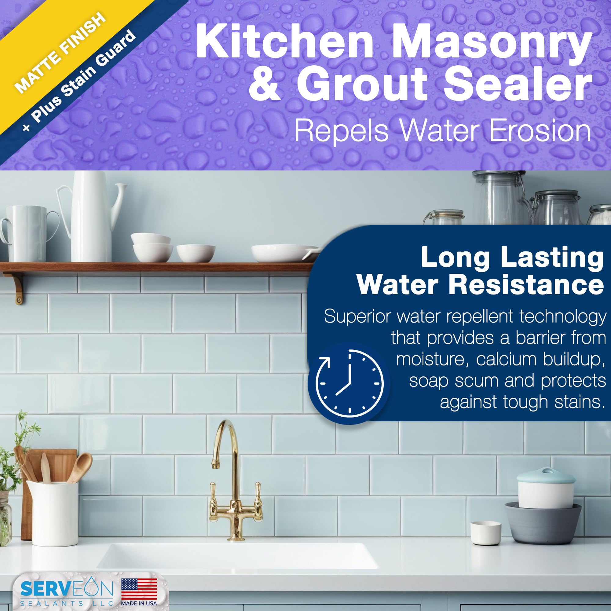 Serveon Sealants Kitchen & Bathroom Sealer Plus Stain Guard (Matte Finish) Commercial Grade Tile Grout Sealer Waterproof Sealant - Granite Countertop Slate Natural Stone Shower Floors (1 Quart) H2900C