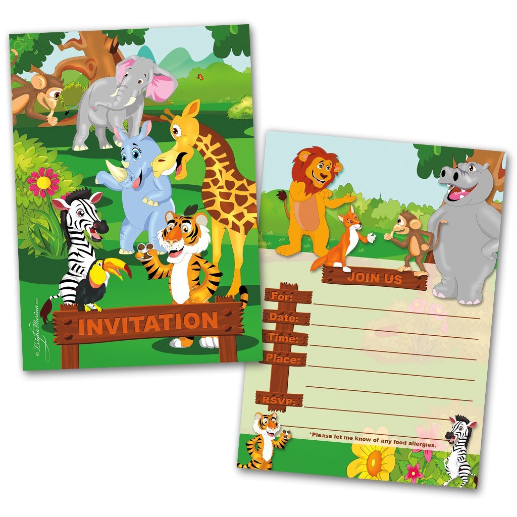 Leigha Marina Jungle Animals Party Invitation Cards for Kids, 20 Invites & 20 Envelopes - Fill in the Blank Greeting Notes - Multi-Use, Birthday, Themed Celebration