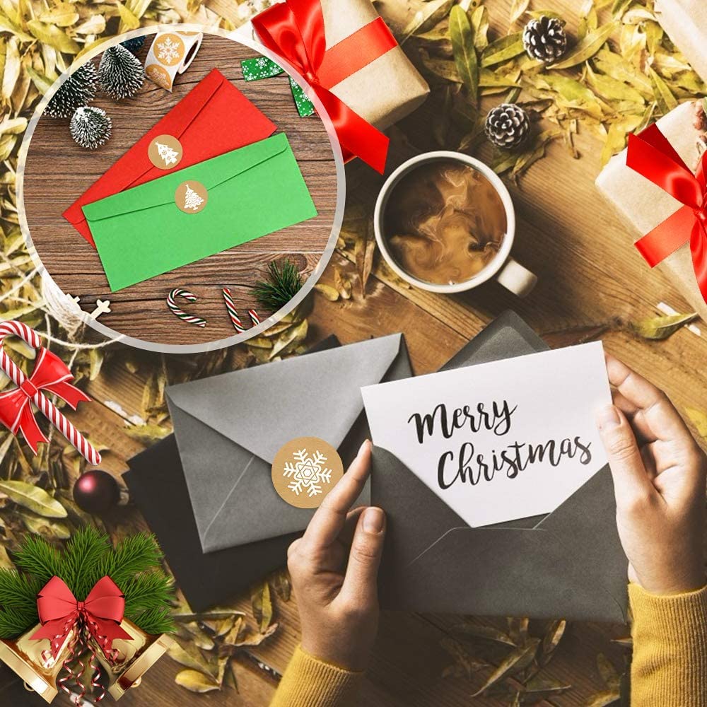 Christmas Stickers, 1.5" Snowflake Christmas Stickers 6 Designs 200PCS Christmas Stickers for Envelopes, Christmas Tree Snowflake Holiday Stickers Roll for Cards
