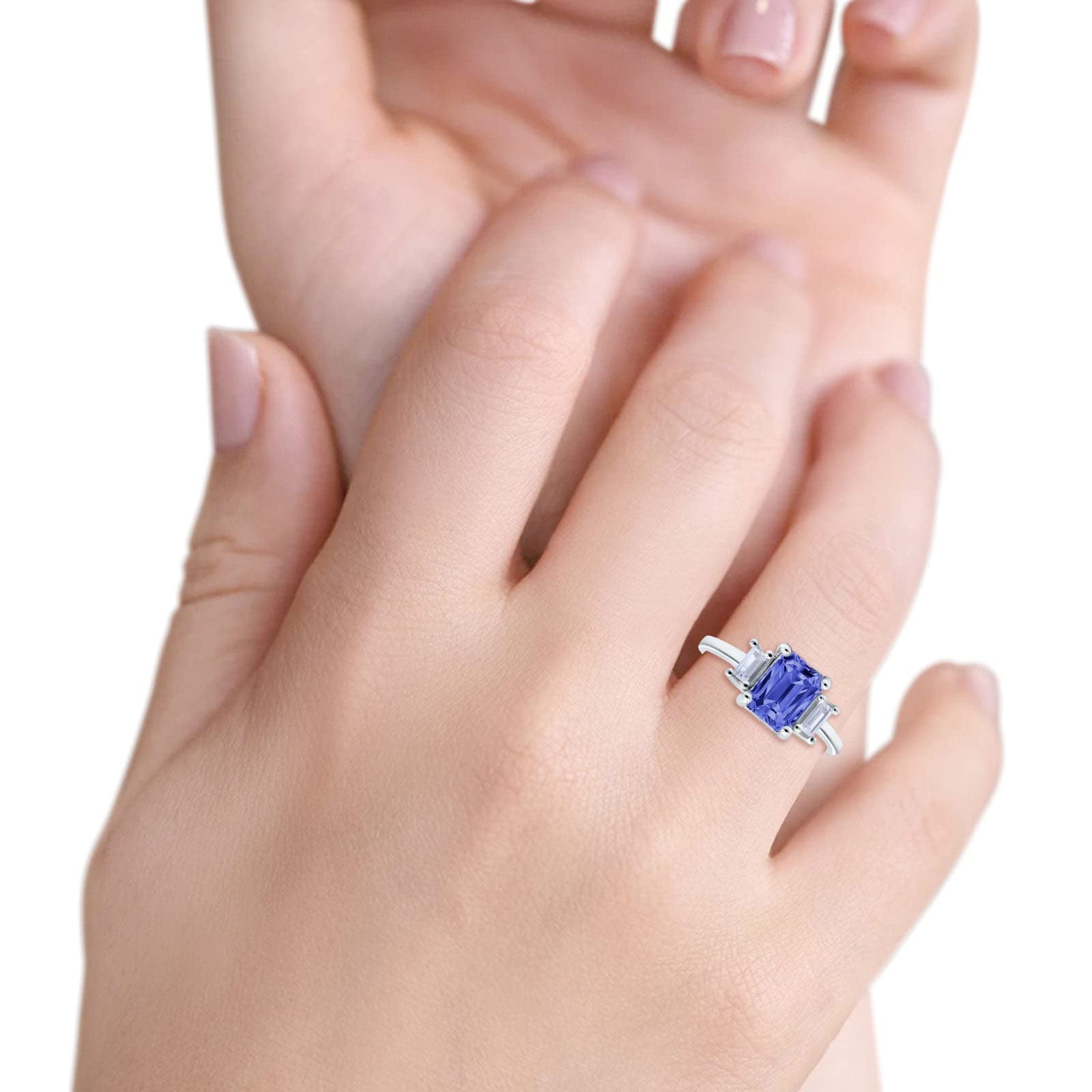 Blue Apple Co. Simulated Tanzanite Cubic Zirconia Size-6 Emerald Cut Art Deco Three Stone Wedding Ring CZ 925 Sterling Silver