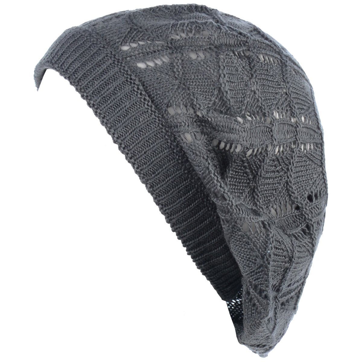 BYOS Chic Parisian Style Soft Lightweight Crochet Cutout Knit Beret Beanie Hat (2-Pack Wavy Stripes Charcoal Gray & Black)
