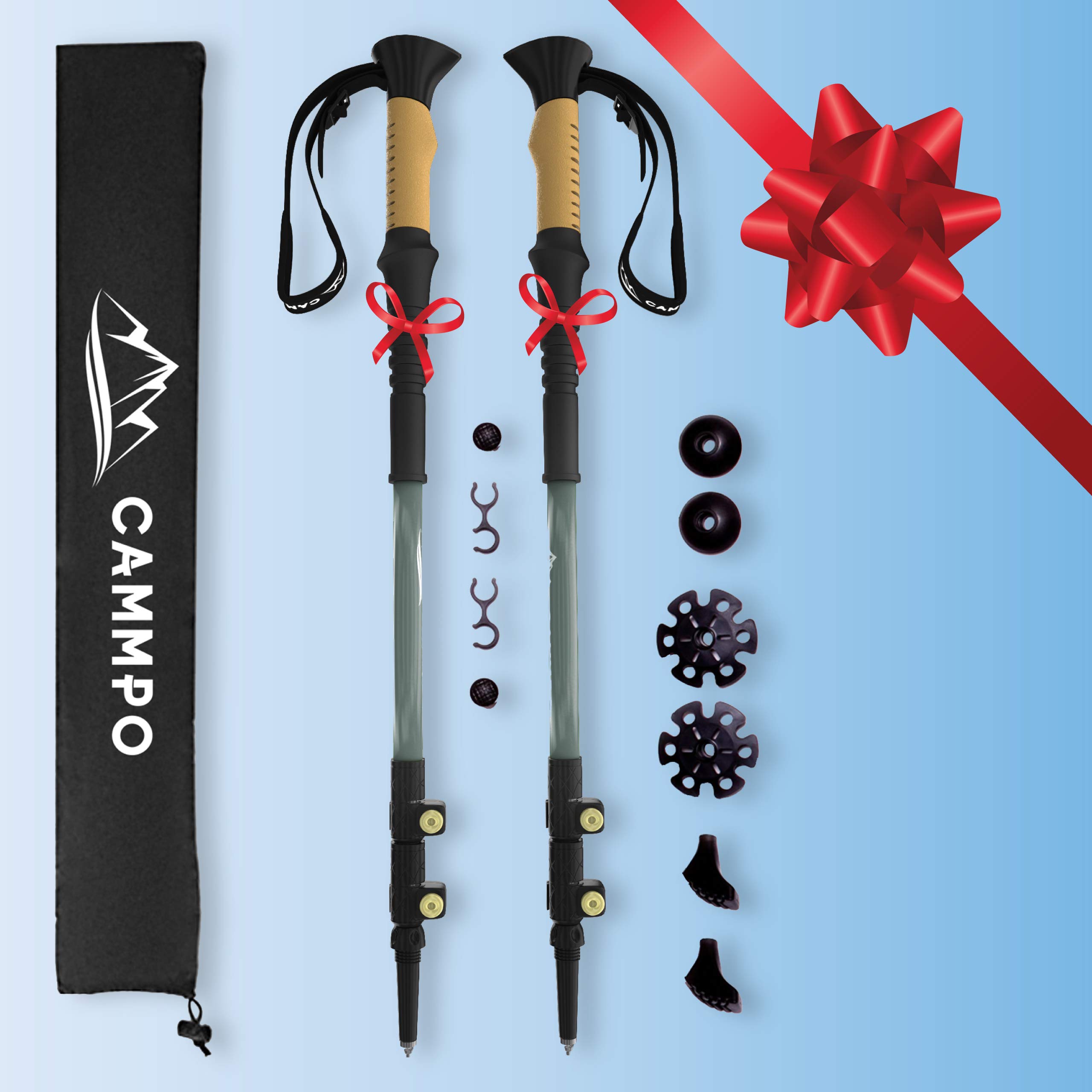 CAMMPO Trekking Poles Collapsible - Hiking Poles - Lightweight Aluminum 7075 - Walking Sticks (2-pc) w/Tungsten Tip, Flip-Lock System & Cork Grip