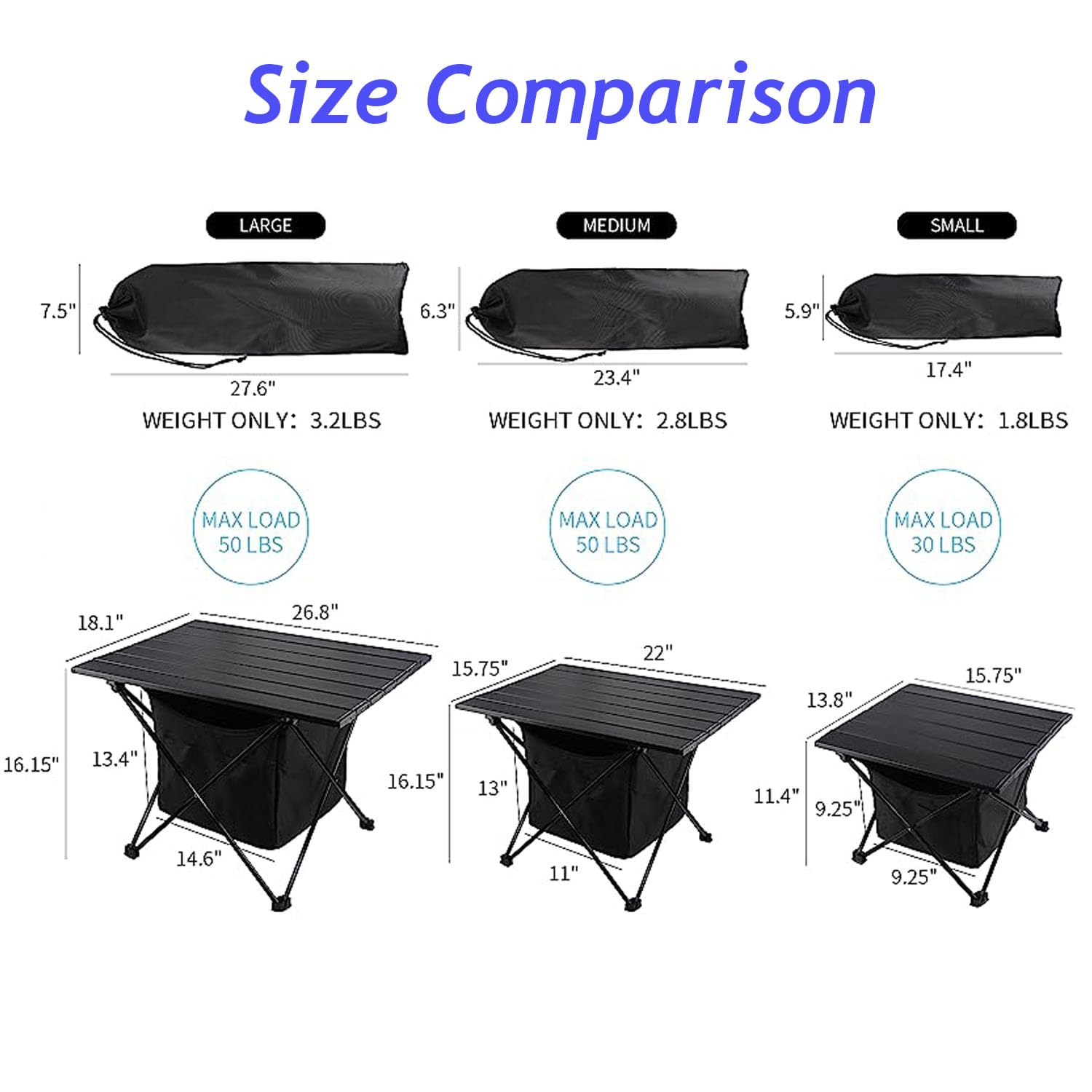 BlueZOO Portable Camping Table with Carrying Bag, Lightweight Aluminum Foldable Tabletop for Outdoor Camp, Cooking, Picnic, BBQ, Folding Beach Tables with Storage for Sand, 15.8x13.8x11.4inches