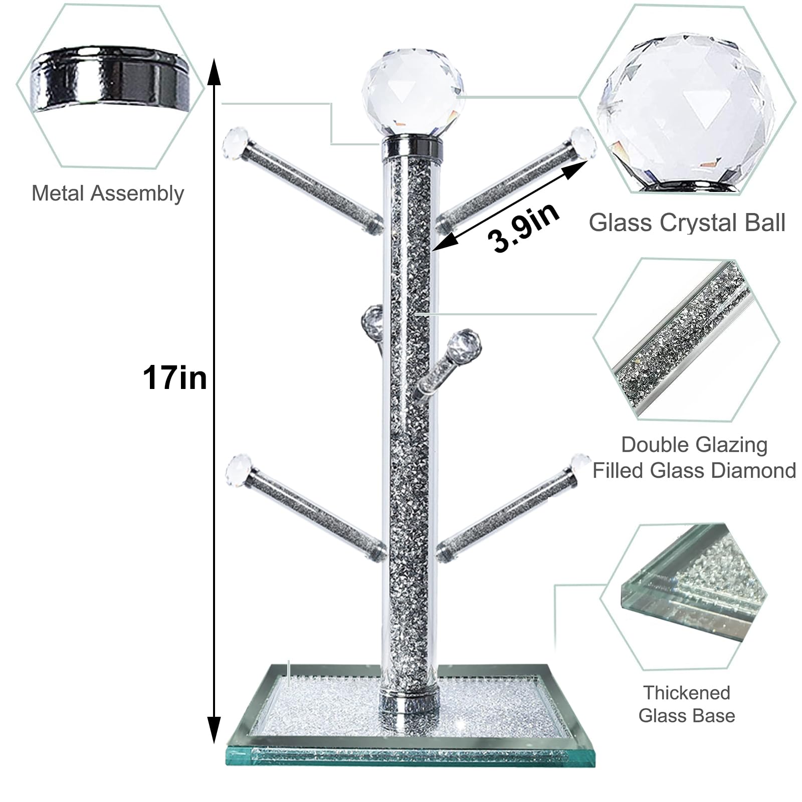 Coffee Mug Tree Rack,Crushed Diamonds Coffee Mug Holder Tree,Vertical Bottle Dryer Rack ,Tree Branch Shaped Crystal Glass Bottle Dryer,Coffee Cups Rack with 6 Hooks,Mug Rack for Kitchen Cafe(silver)