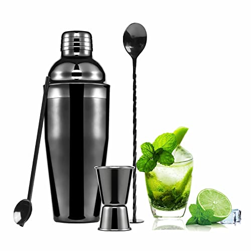 Purism Cocktail Shaker,4-Piece Stainless Steel Bartender Kit Essential Cocktail Bar Tool Set,25 oz Martini Shaker with a Built in Strainer lid &Manual of Recipe, Bar Set for Home Drink Mixing(Black)