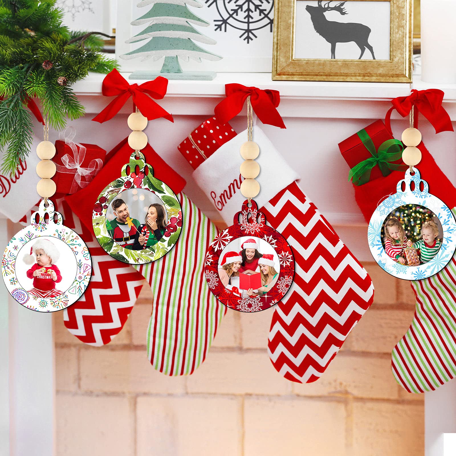 Blulu 24 Pcs Wooden Photo Frame Ornaments - Red Black Plaid Hanging Ornaments for Christmas Tree Stockings Decorations