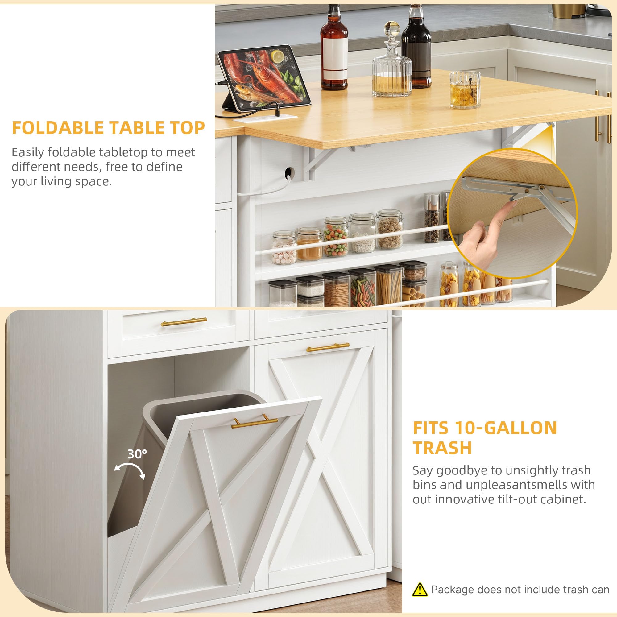 DWVO Kitchen Island with Double Tilt Out Trash Can Storage Cabinet & Drop Leaf, Rolling Portable Islands Table with Power Outlet Wheel Drawer Hidden 10 Gallon Garbage Bin Storage, White Oak