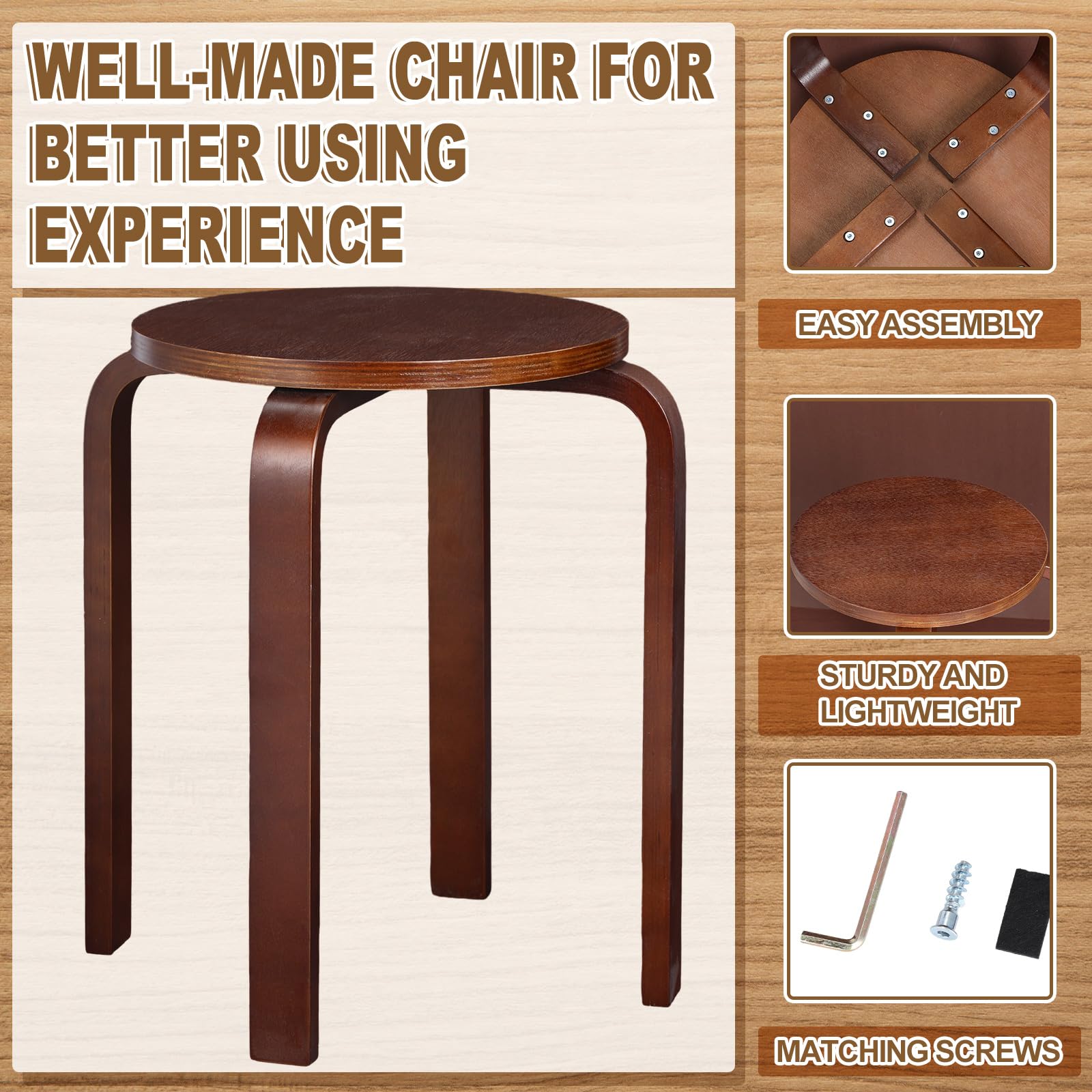 FairySandy 4 Pcs Bentwood Stool Bentwood Stackable Stools Wood Stools Stackable Stool Chairs Bentwood Seat for Dinning, Kitchen, Home, Garden, Living Classroom