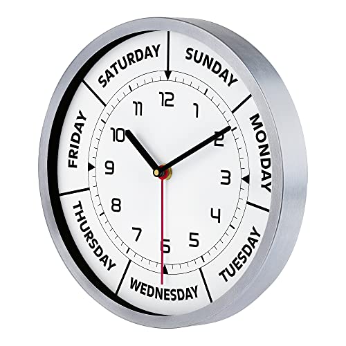 Lafocuse Silent Retirement Clock Day of The Week Wall Clock for Home Decor,Brushed Metal Frame Day Clocks for Seniors 12 Inch Living Room Bedroom Office-Without a Second Hand