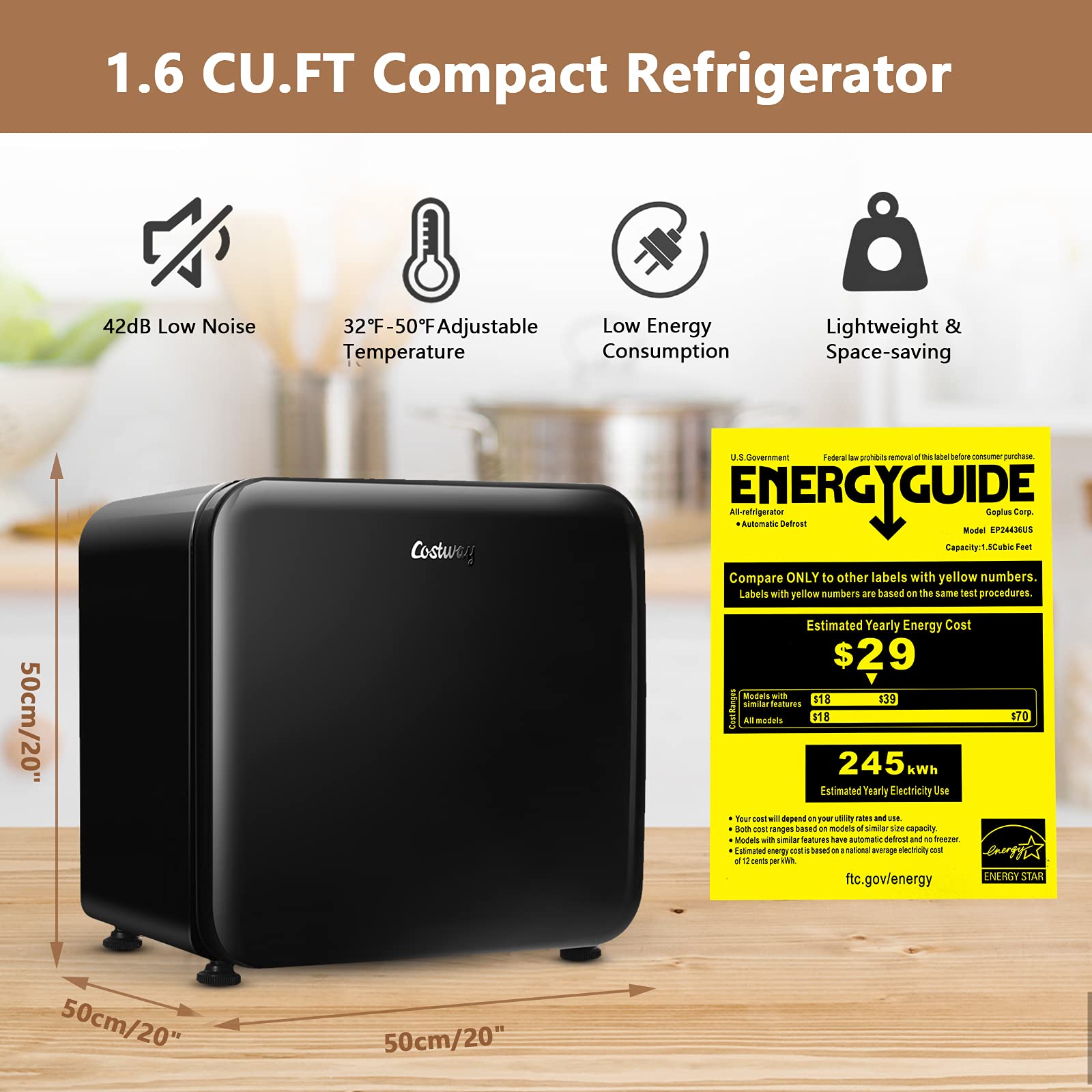 COSTWAY Compact Refrigerator, 1.6 cu ft. Single Door Small Fridge with Adjustable Temperature 32℉ to 50℉, Auto Defrost, Reversible Door, Removable Glass Shelves, Mini Fridge for Bedroom, Apartment (Black)