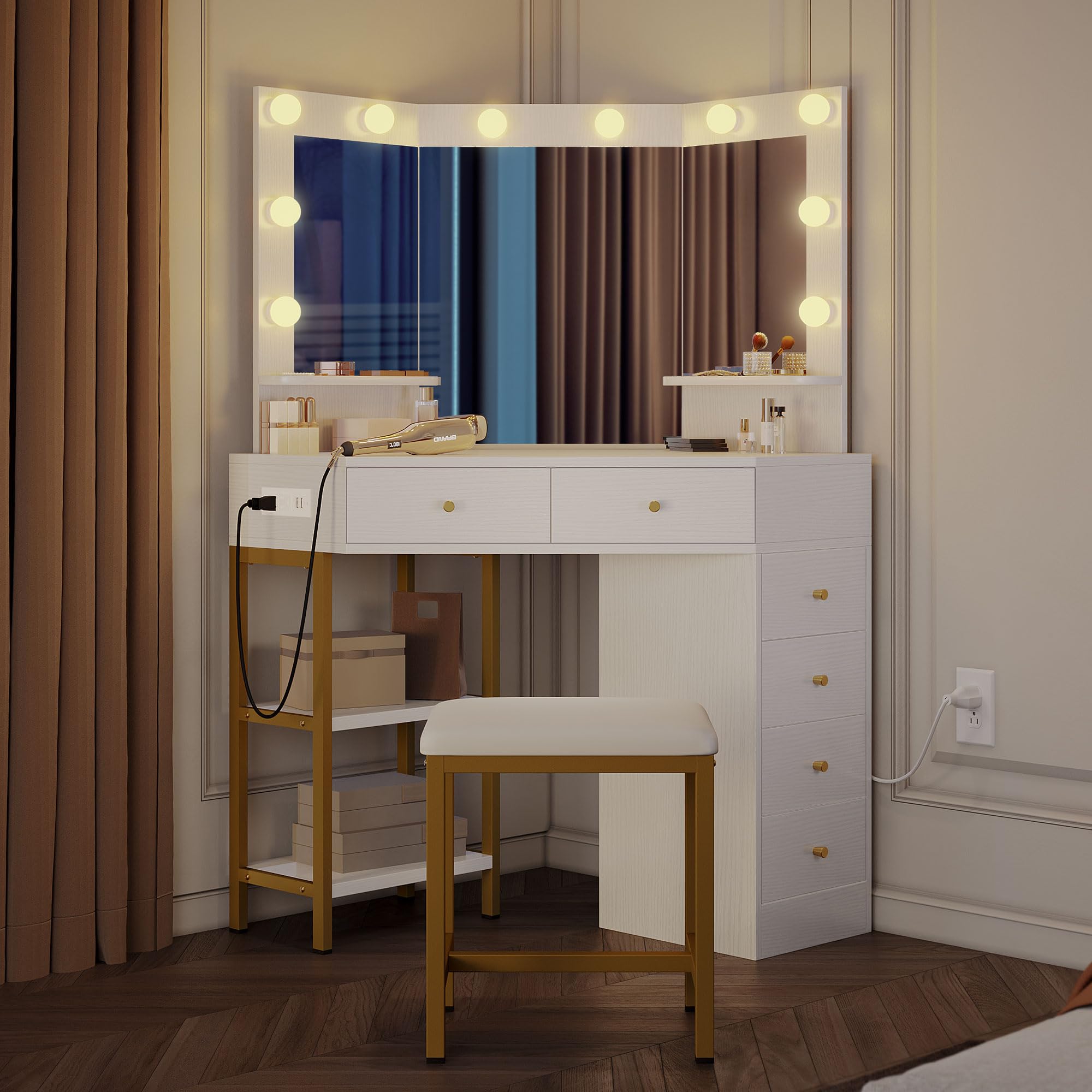 DWVO Makeup Vanity Desk w/Hollywood Bulbs Mirror & Power Outlet, Upgraded 43" L Shaped White Vanity Set 3 Color Lighting Mode Adjustable Brightness& 6 Drawers, Shelves, Corner Vanity Table w/Bench