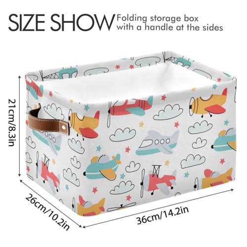 Cartoon Airplane Helicopter Storage Basket Bins Sturdy Toy Storage Organizer Bins Laundry Basket with Handles for Pet Books Clothes Makeup Nursery Closet Office,2 pcs