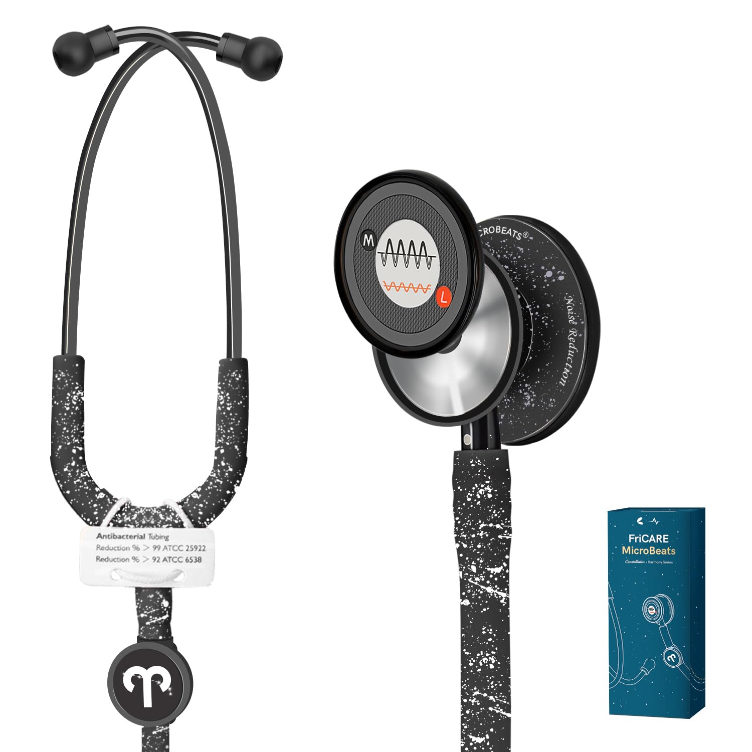 FriCARE Black Stethoscope with Tunable Diaphragm - Lightweight Stethoscopes for Nurses, Hospitalists, Doctors - Comfy Eartips for Work, MicroBeats Harmony with 12 Zodiac Tags, Spot Chestpiece, 31.5''