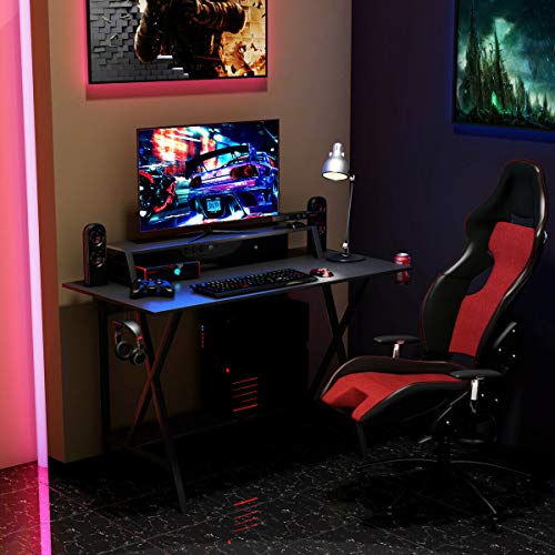 GOFLAME Gaming Computer Desk, Large Computer Gaming Workstation with Cup & Headphone Holder, Study Writing Desk for Home and Office, Black