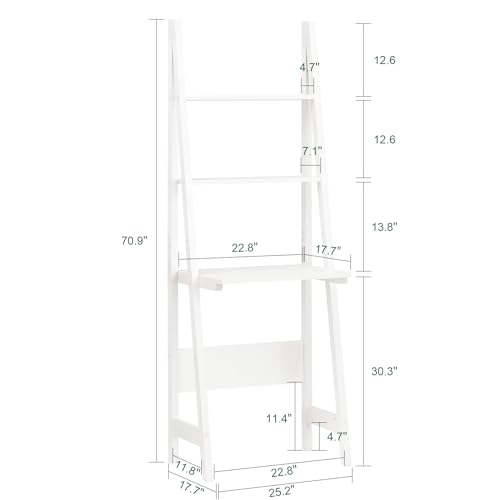 Haotian Ladder Shelf Desk Freestanding Bookshelf Space Saving Workstation Dresser Shelf Leaning Computer Desk with Shelves for Small Space, White FRG60-W