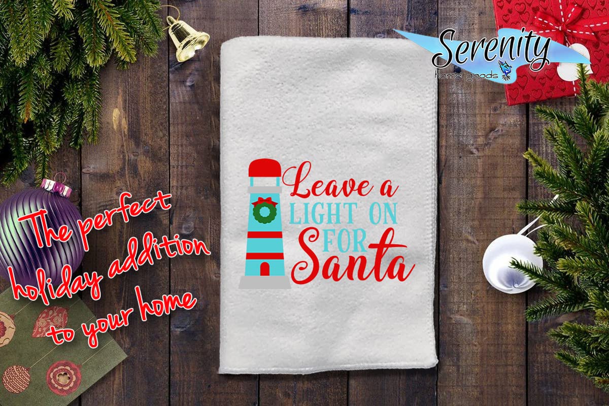 Christmas Decor | Decorative Kitchen and Bath Hand Towels | Leave A Light On Lighthouse Santa Beach | XMAS Winter Novelty | White Towel Home Holiday Decorations | Gift Present