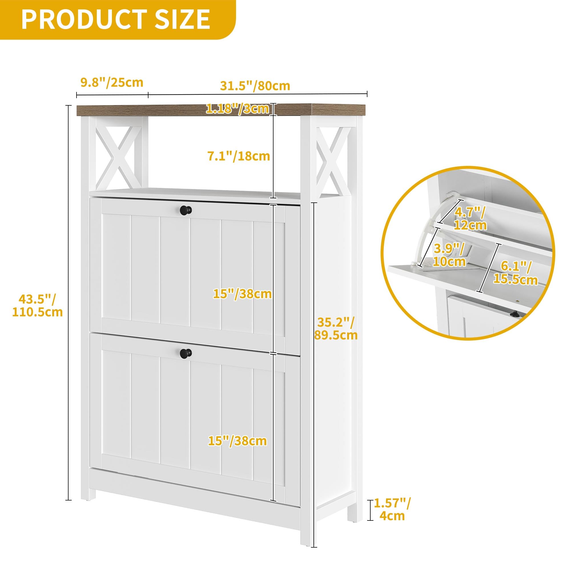 DWVO Shoe Cabinet Entryway, White Shoe Storage Cabinet with 2 Flip Drawers, Free Standing Hidden Narrow Shoe Rack Shoe Storage Organizer for Entryway/Hallway/Closet, White