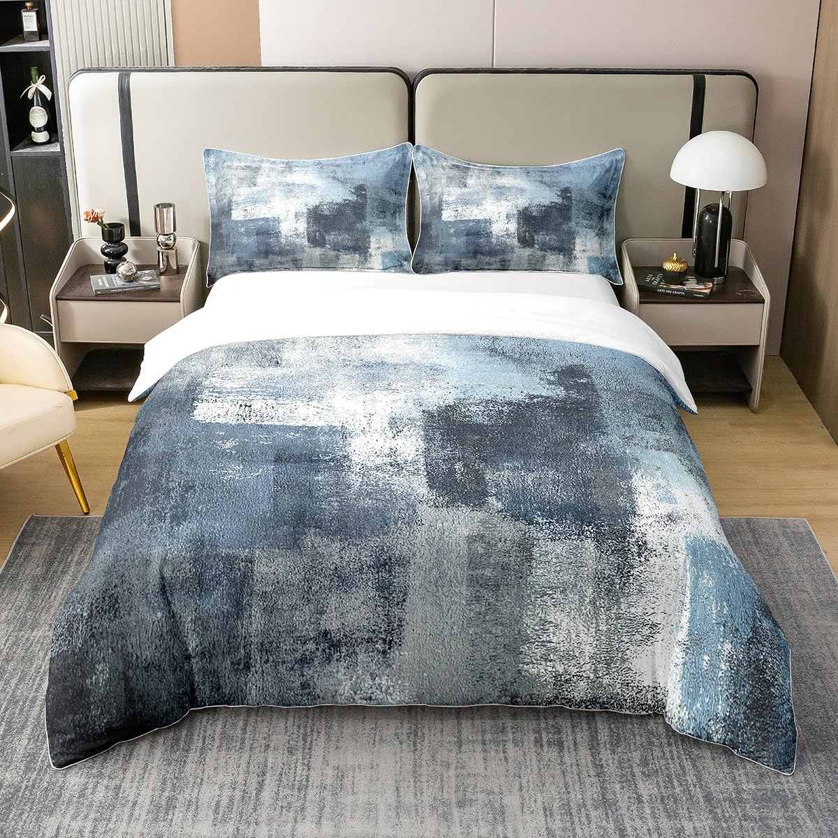 Erosebridal Grunge Tie Dyed 100% Cotton Duvet Cover Queen,Grunge Navy Ombre Bedding Set for Adult Bedroom Decor,Vintage Watercolor Artwork Comforter Cover,Contemporary Quilt with 2 Pillowcases