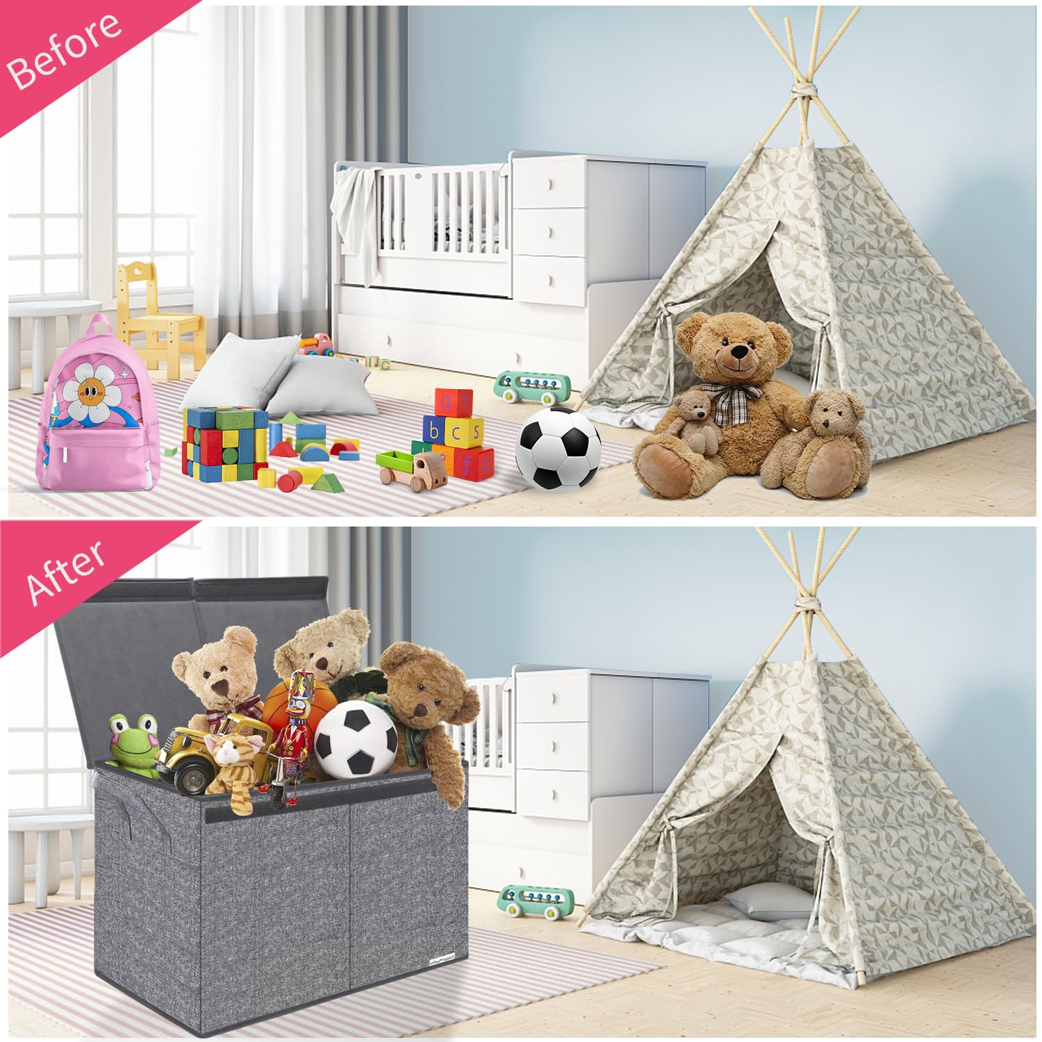 Friday Monkey Sturdy Large Toy Box Chest with Lids & Handles, Foldable Toys Storage Organizer Bin Basket for Boys, Girls, Kids, Playroom, Nursery, Utility Room, 25x13x16 inch, Light Grey, ZMGCWJX