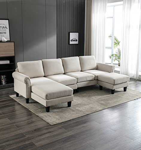 ERYE U-Shaped Sofa Couch Linen Upholstered Sectional Sofa&Couch with Ergonomical Curved Armrests and Movable Ottoman/Chaise for Home Office Apartment Living Room