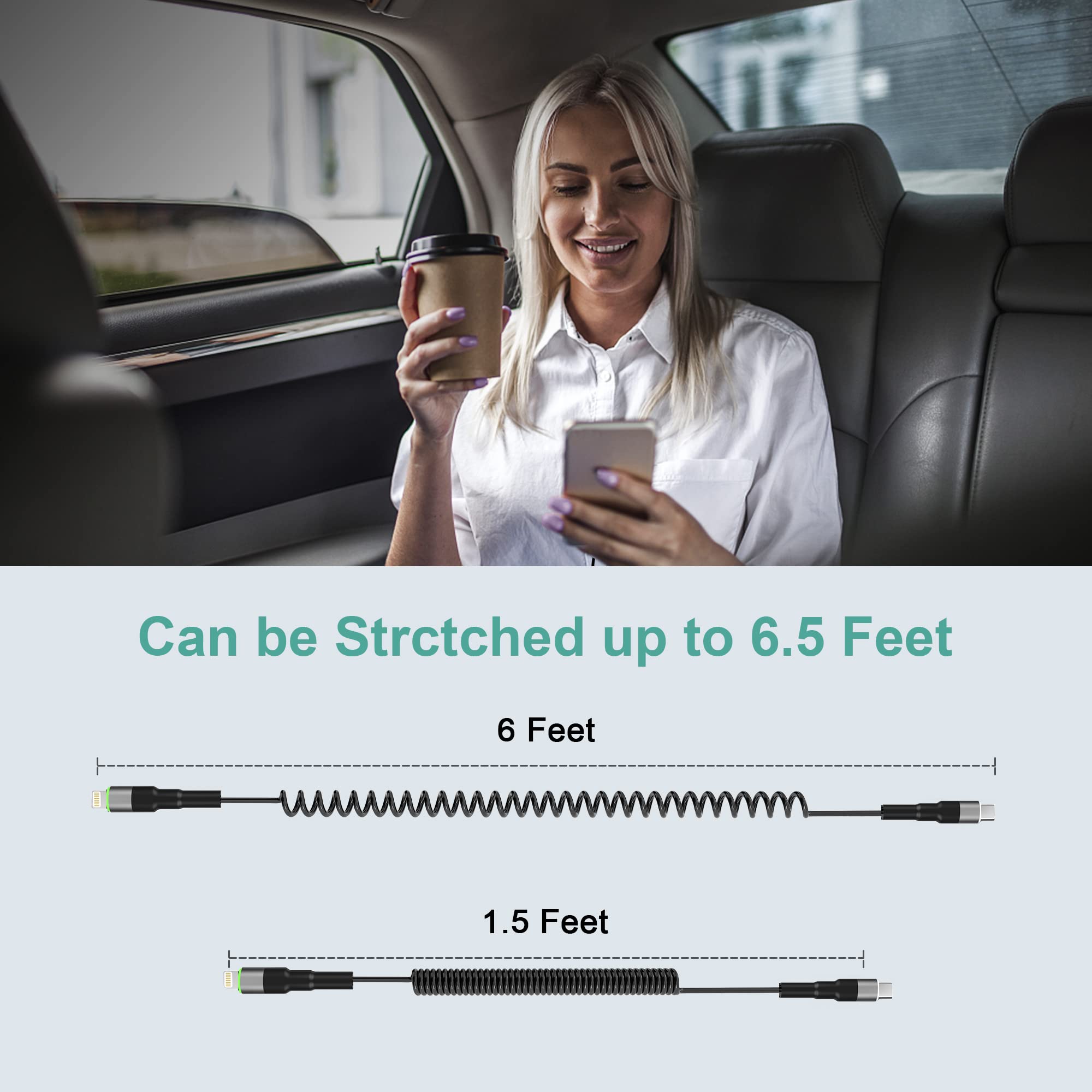 Coiled USB C to Lightning Cable with Apple Carplay, Coiled iPhone Charger Cable [MFi Certified] Apple Carplay Cable Short Retractable iPhone Lightning Charger Cord with LED for iPhone, iPad, iPod